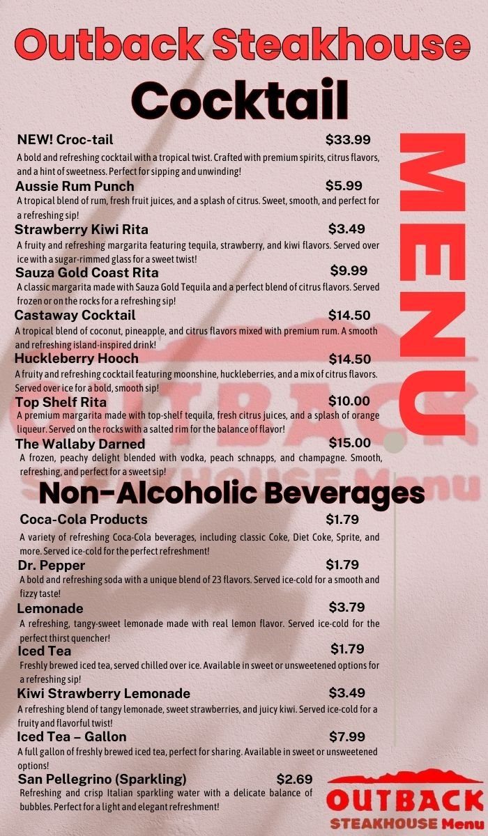Outback Steakhouse Cocktail Menu Prices List USA 2025
