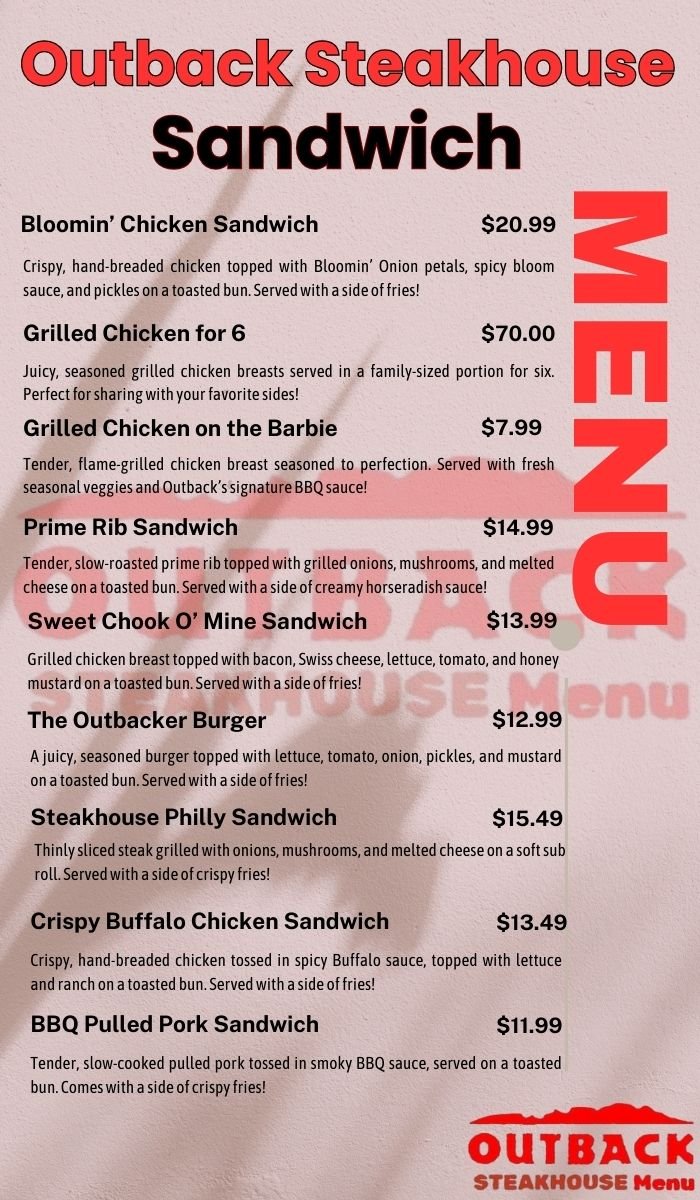 Outback Steakhouse Sandwich Menu Prices List USA 2025
